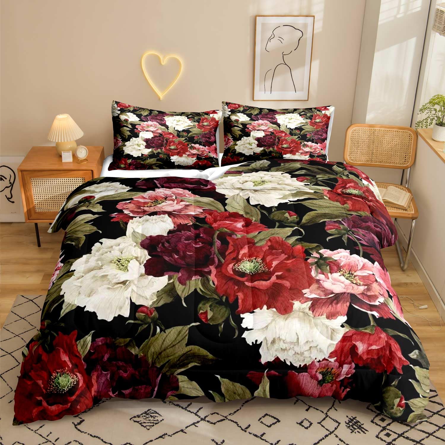 Amazon.com: LUVIVIHOME 3PCS Pink Red Burgundy Floral Comforter Set King ...
