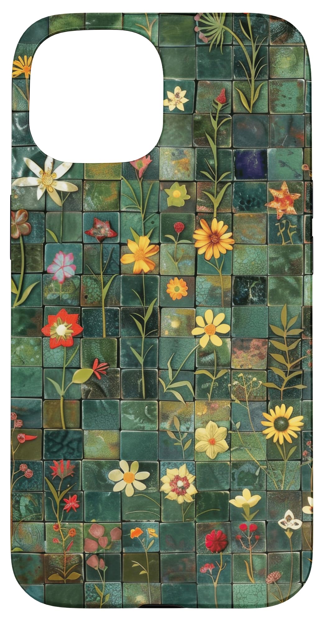 Amazon.com: iPhone 15 Vibrant Mosaic Olive Green Tiles Floral Botanical ...