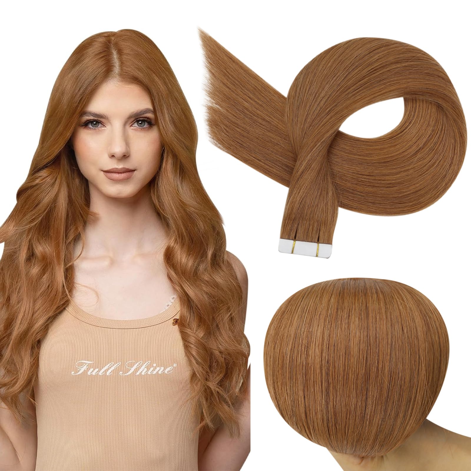 Amazon.com : Full Shine Human Hair Extensions Tape in Color 330 Auburn ...