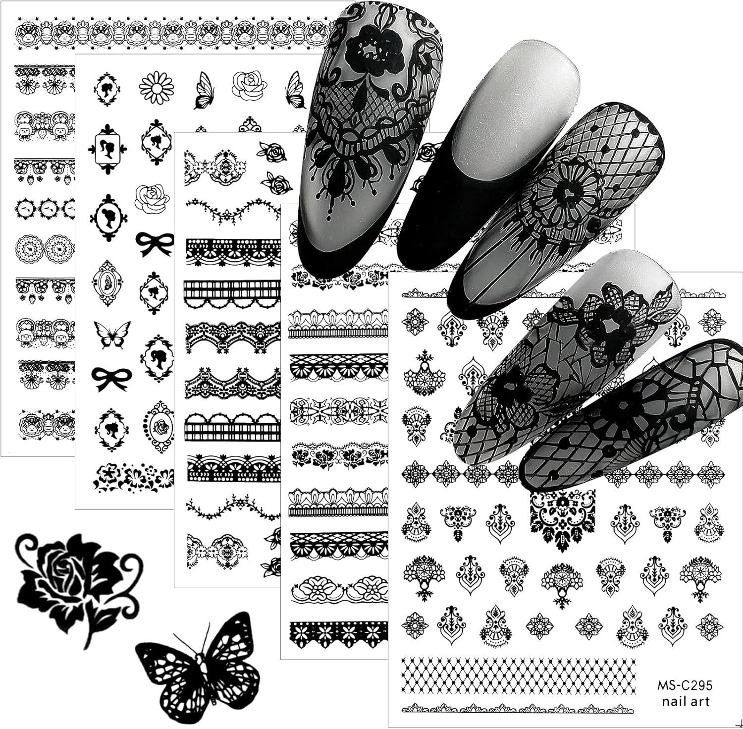 Amazon.com: EBANKU 9 Sheets Lace Nail Art Stickers, Black Lace Flower ...