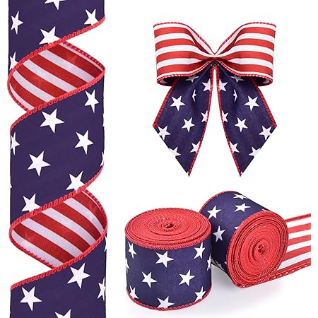 Amazon.com: 2 Rolls Patriotic Wired Edge Ribbon Stars and Stripes ...