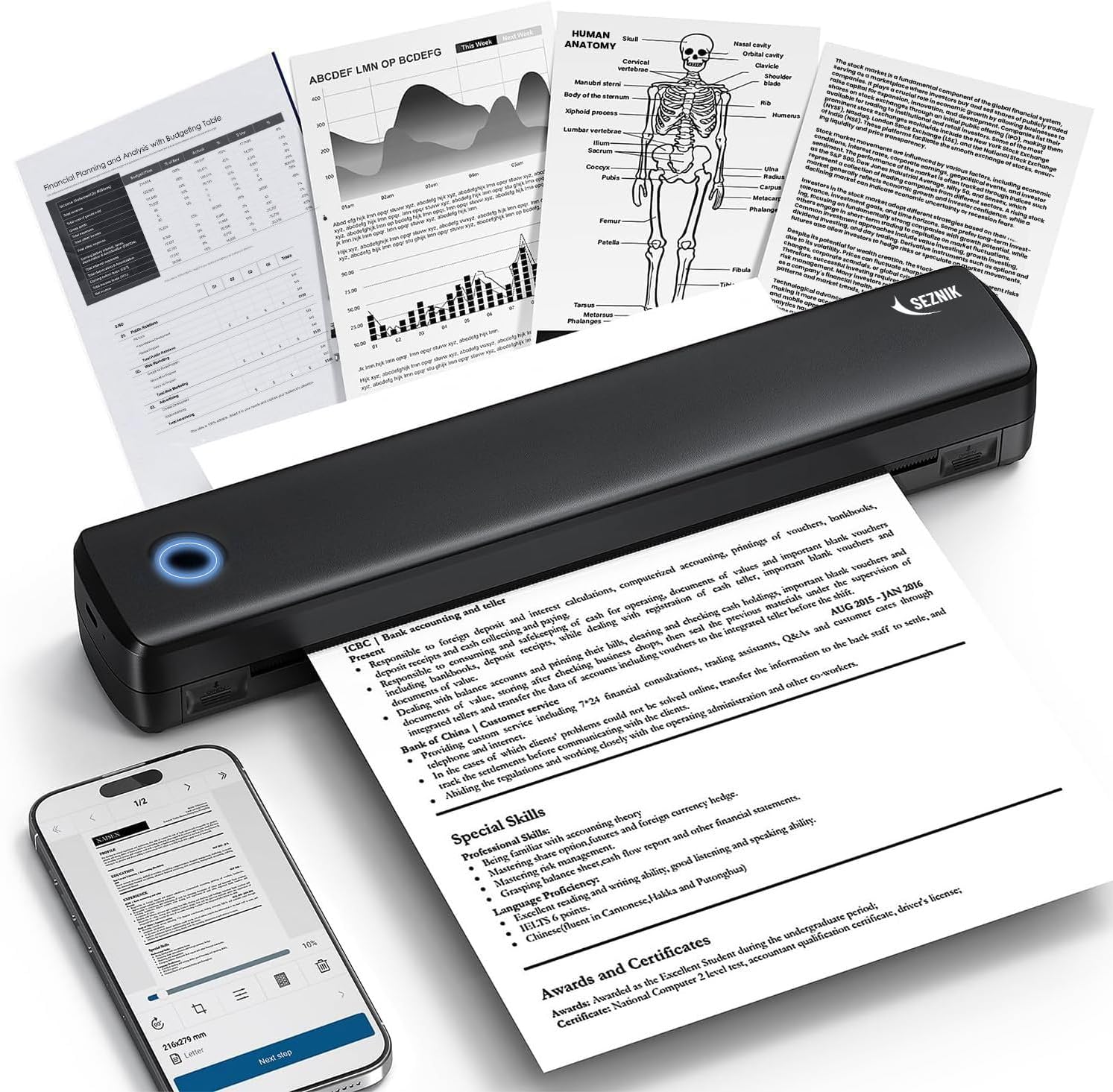 SEZNIK Portable A4 Printer, Bluetooth, Inkless Thermal Printer | USB ...