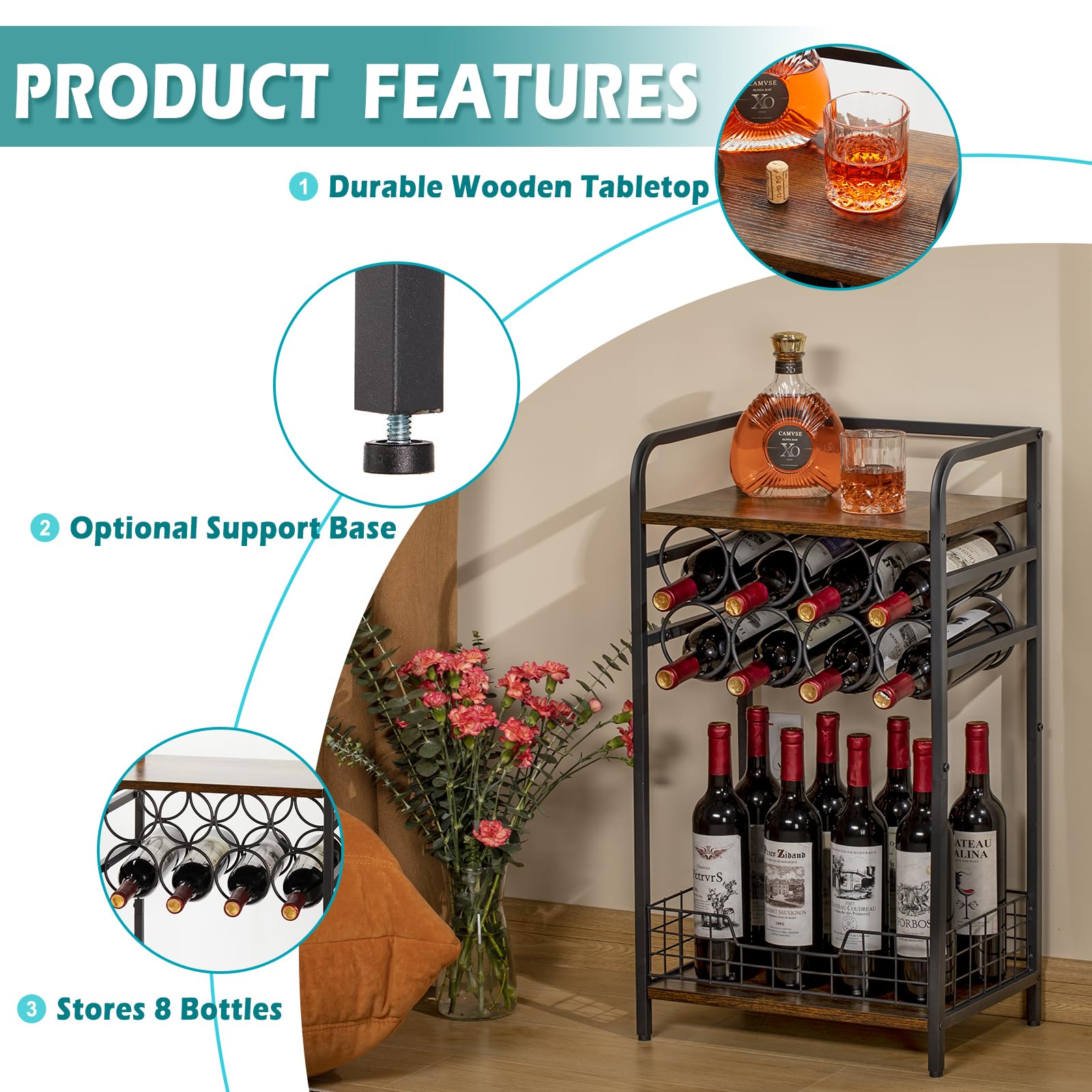 3-Tier Wine Bar Table: Small Liquor Bottle Holder with 8-Bottle Wine ...