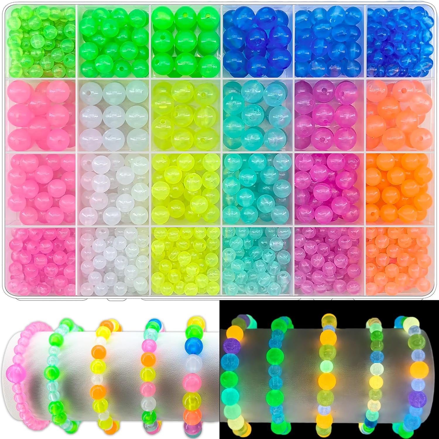 Amazon.com: 1016Pcs Glow in The Dark Round Beads, 6mm 8mm 10mm Luminous ...