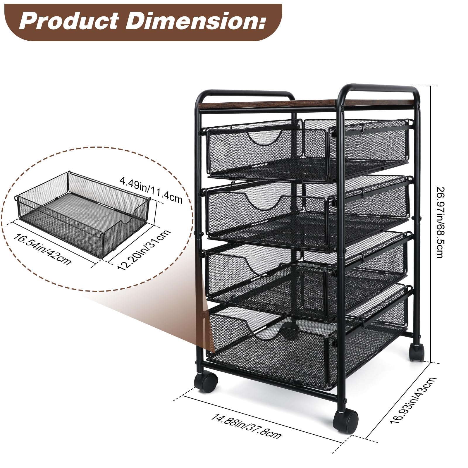 EasyPAG Mesh File Storage Drawer Carts with 4 Swivel Casters Rolling ...