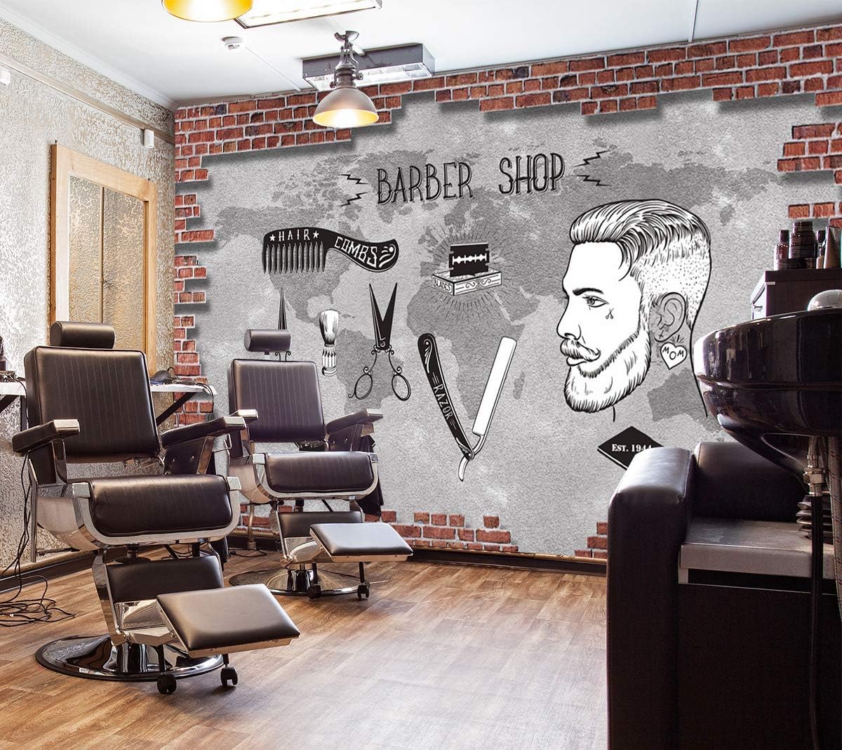 Barber Shop Theme Wallpapers, Retro Wall Tiles 3D Large Wall Mural ...
