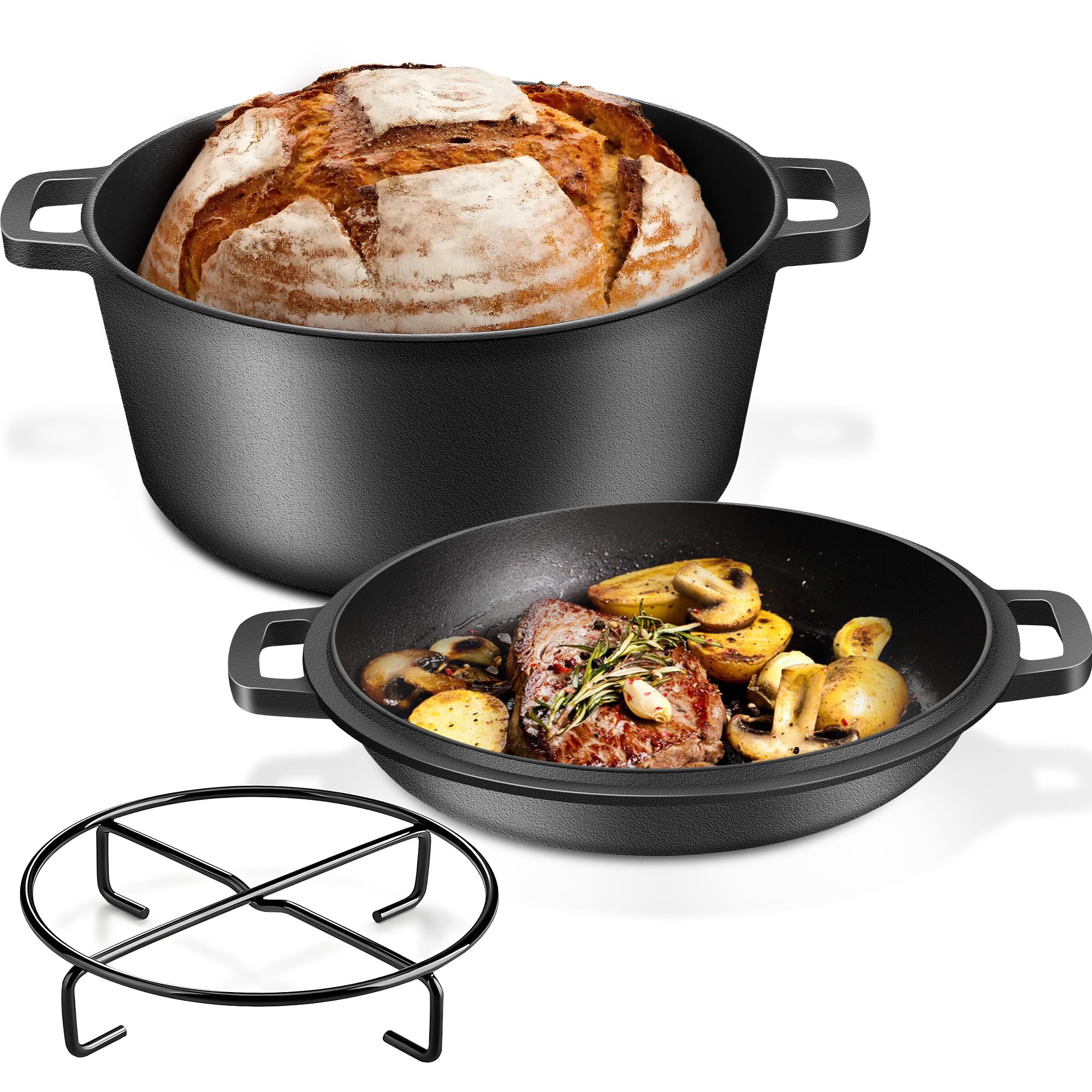 Amazon.com: 2-IN-1 Pre-seasoned Cast Iron Camp Dutch Oven (5qt Pot ...