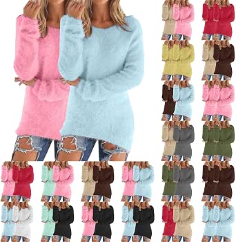 Fuzzy Sweater for Women 2 Piece Cute Sweaters Casual Crewneck Fleece ...