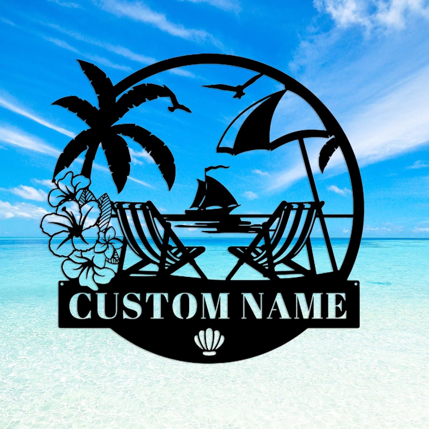Amazon.com: Custom Palm Tree Hibiscus Flower Sign, Personalized Palm ...