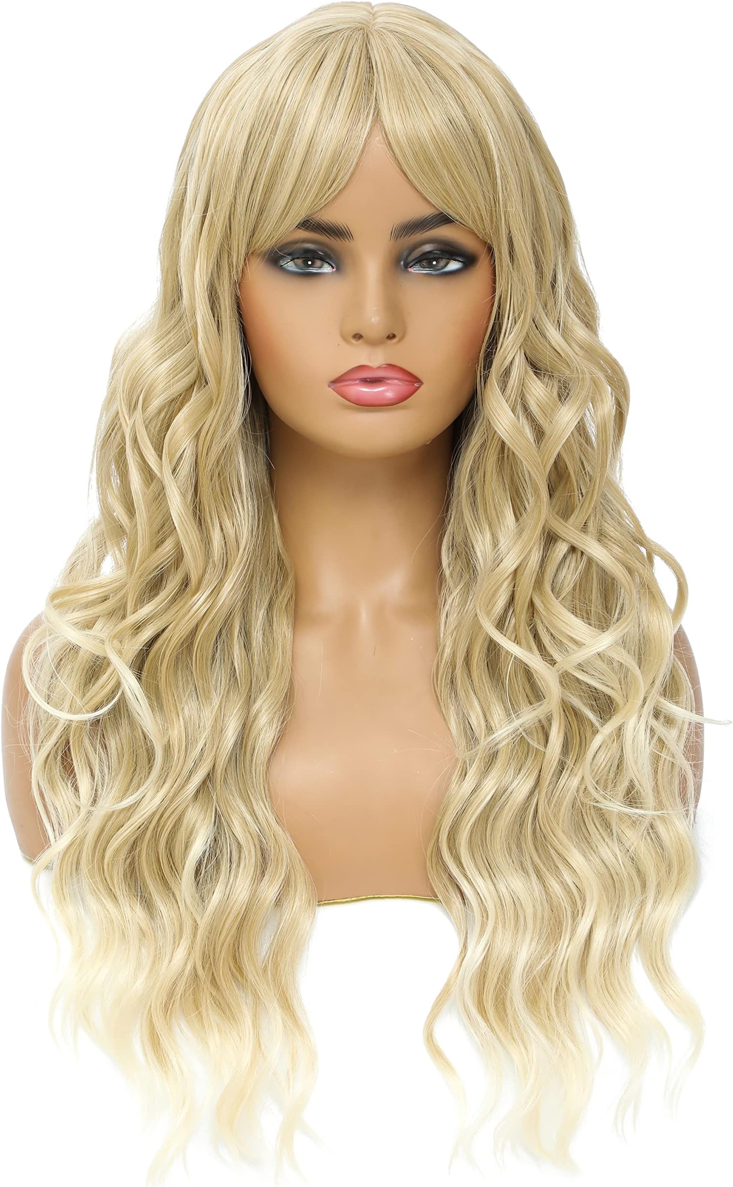 Amazon.com : SWACC Long Curly Wavy Wig with Bangs Synthetic Hair Wig ...
