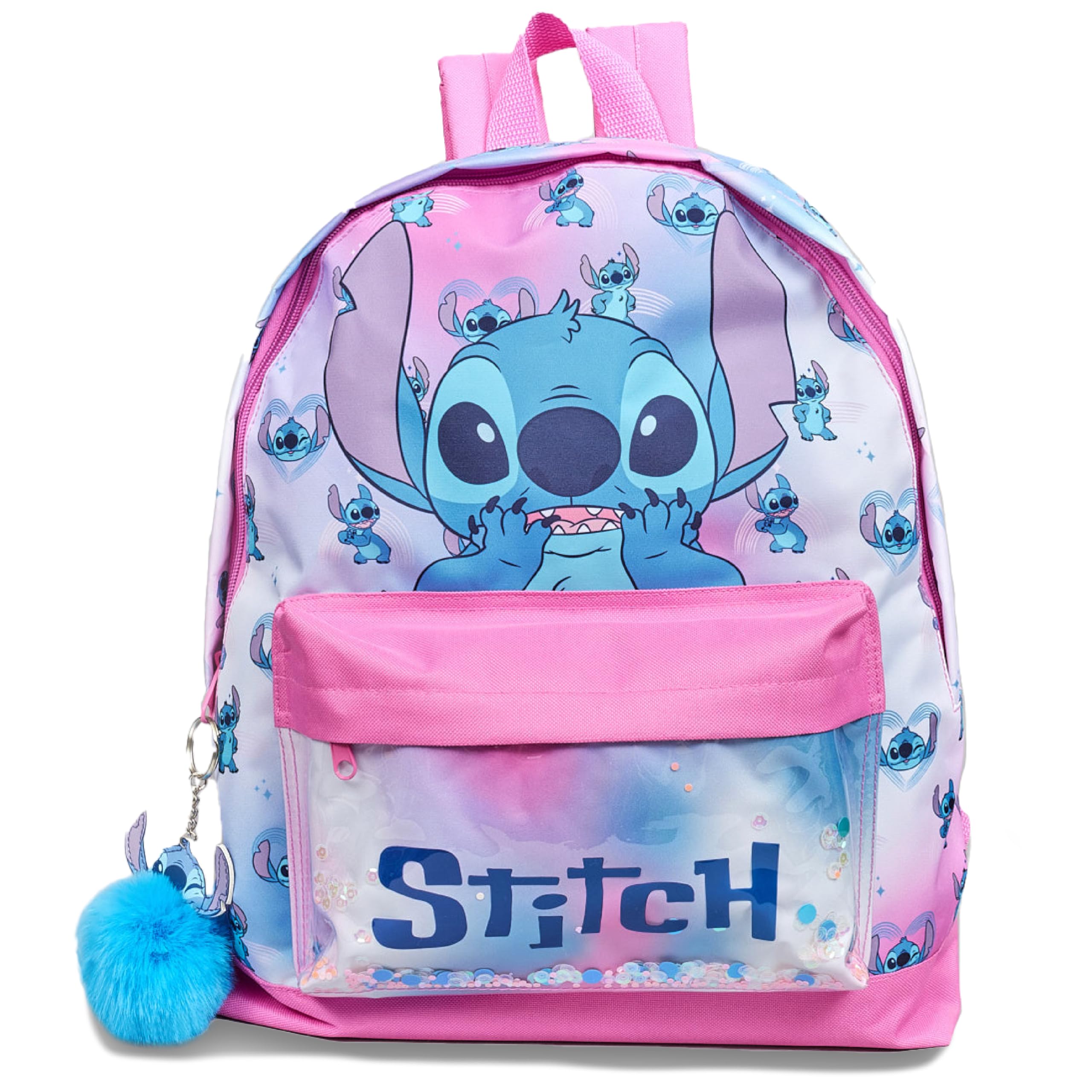 Disney Stitch Girls Backpack Kids Pom Pom Keyring Glitter Pocket School ...