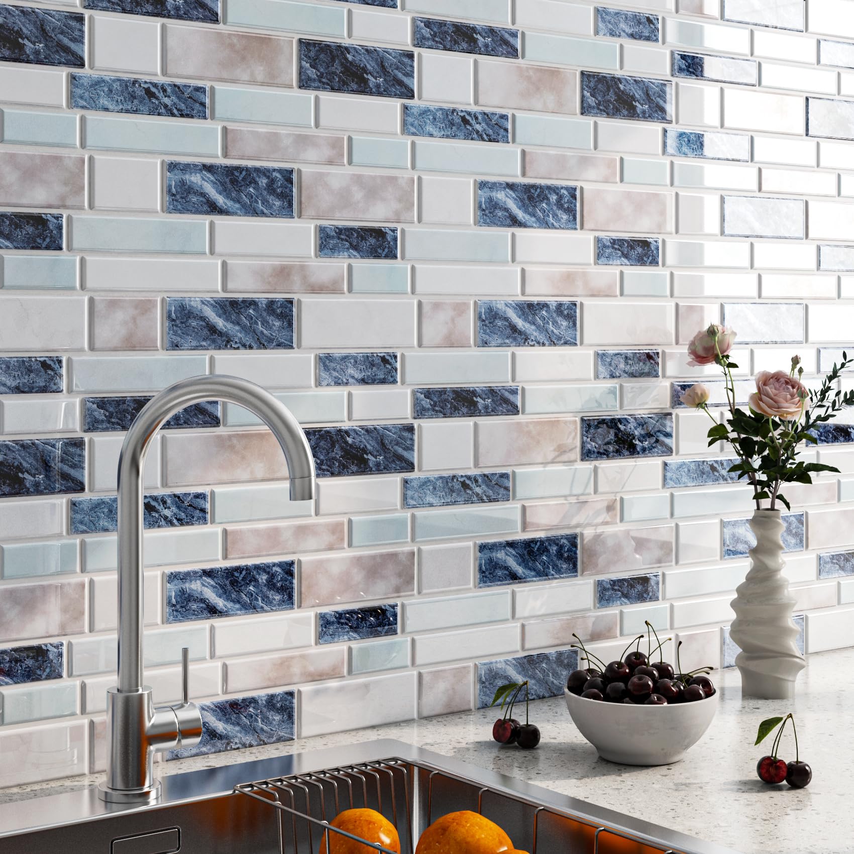 FunStick Marble Tile Stickers for Bathroom White Stick on Tiles Kitchen ...