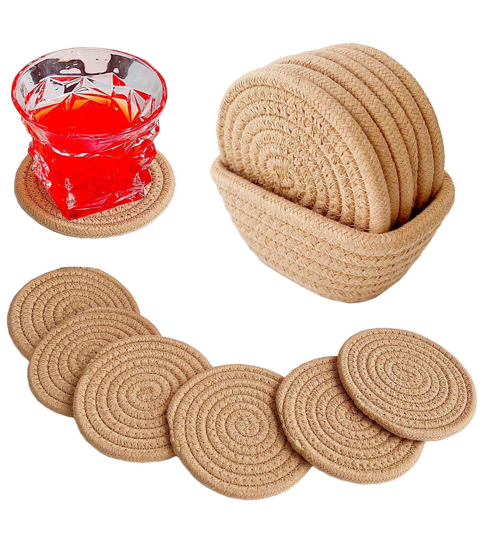 Valdivia Boho Drink Coasters with Storage Basket, Handmade Woven Cotton ...
