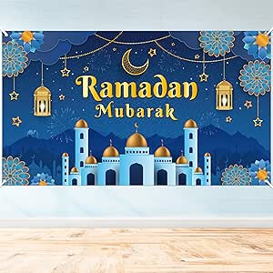 Amazon.com : WATINC Blue Ramadan Mubarak Backdrop Banner - 79 x 45 Inch Fabric Banner for ...