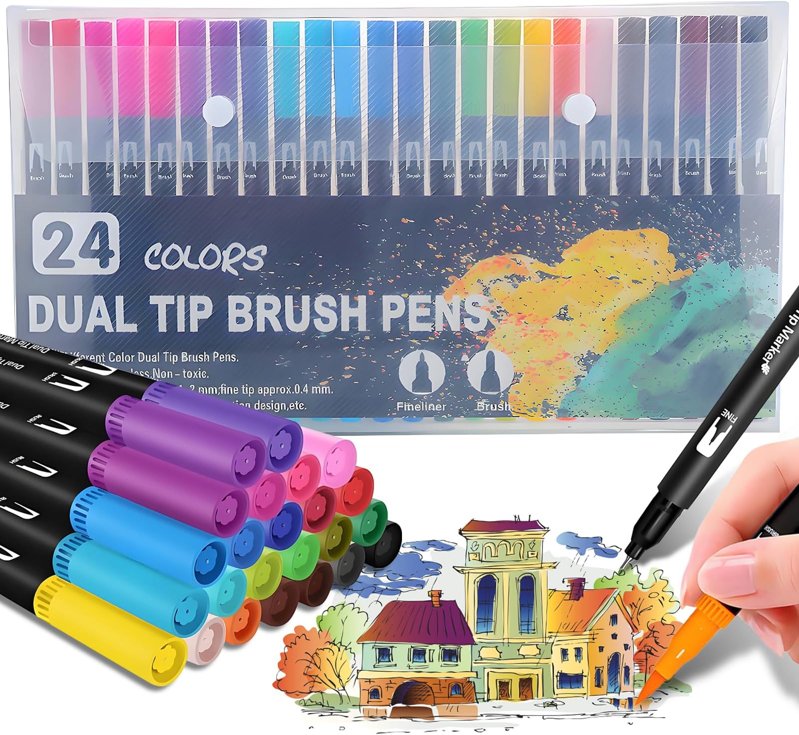 Jnyan Dual Brush Marker Pens, 24 Colors Fine & Brush Tip for Adults and ...