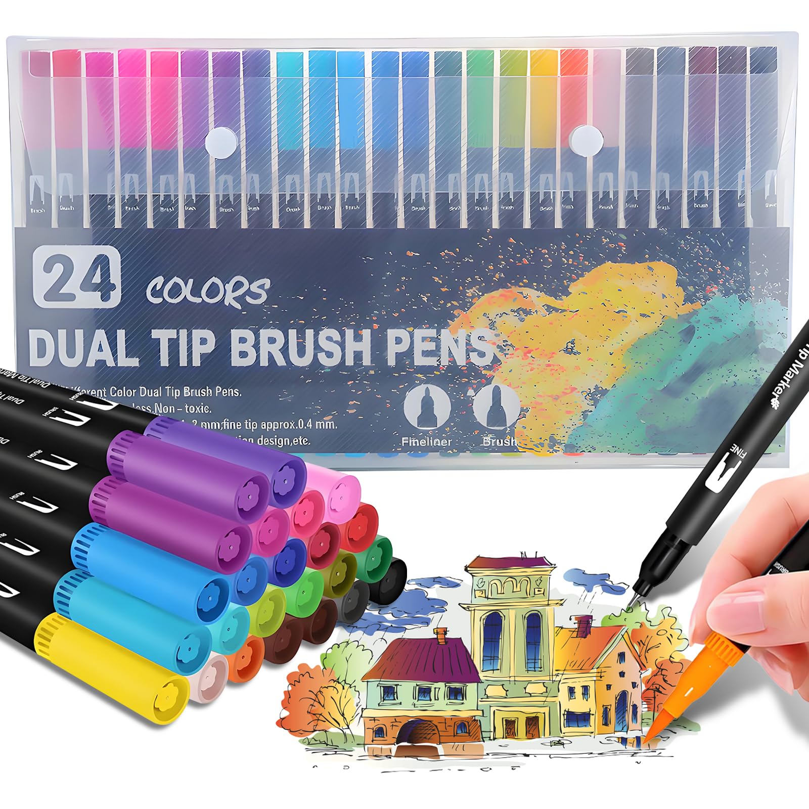 OEEYYT Colouring Pens Dual Tip Brush Pens 24 Colors for Adults Felt Tip ...