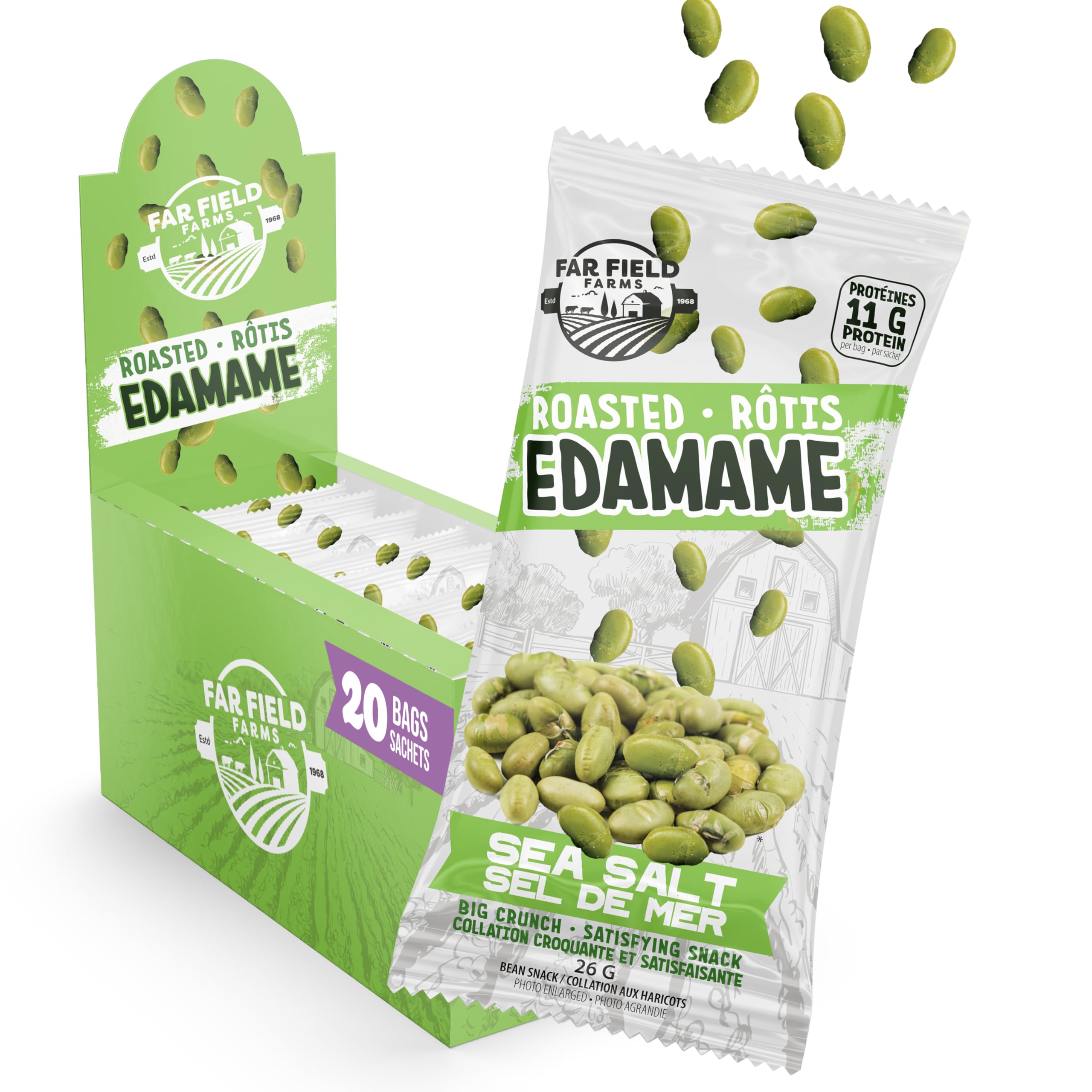 Far Field Crunchy Roasted Edamame Beans, Sea Salt, 20 Bags, 11g Protein per Bag, Healthy Snack ...