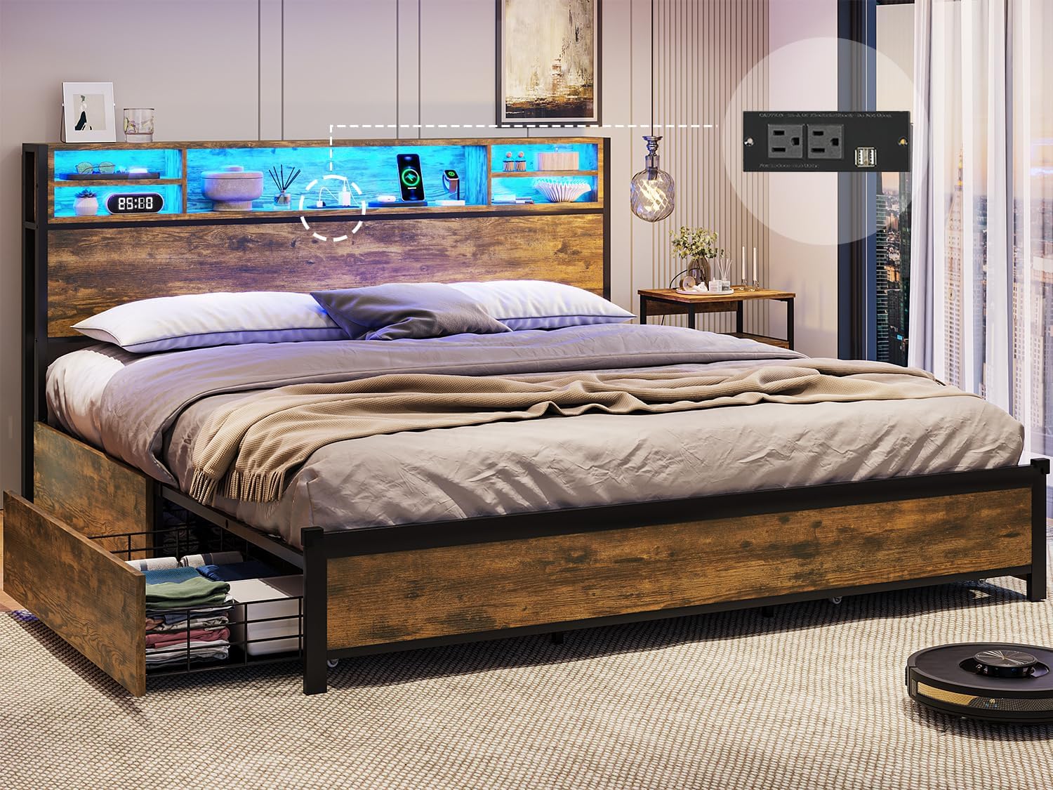 Amazon.com: ADORNEVE King Size Bed Frame with Storage Drawers and LED ...