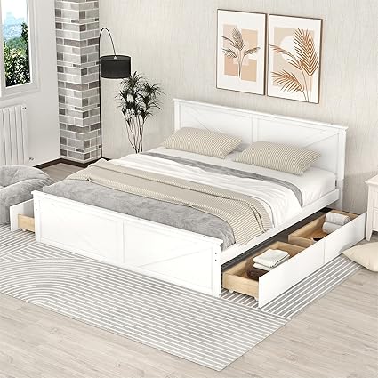 Amazon.com: Modern Platform Bed Wood Mattress Foundation w/Headboard ...