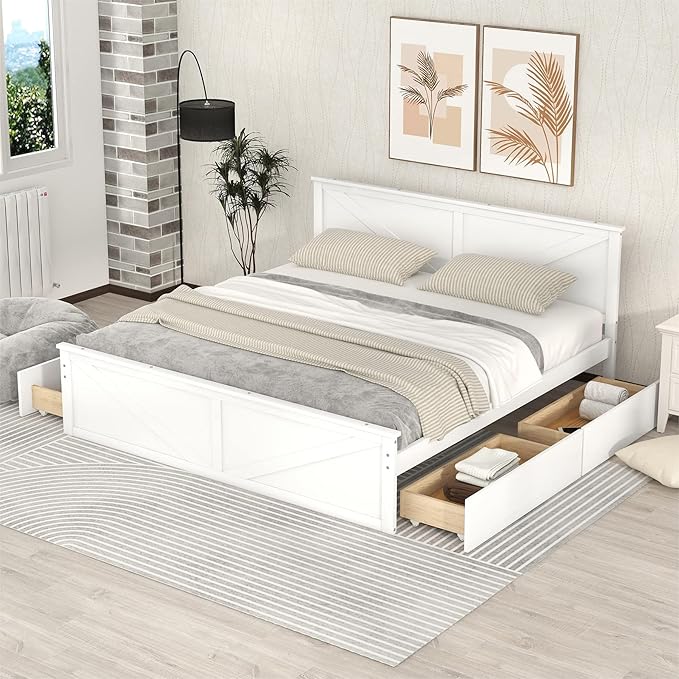 Amazon.com: Modern Platform Bed Wood Mattress Foundation w/Headboard ...