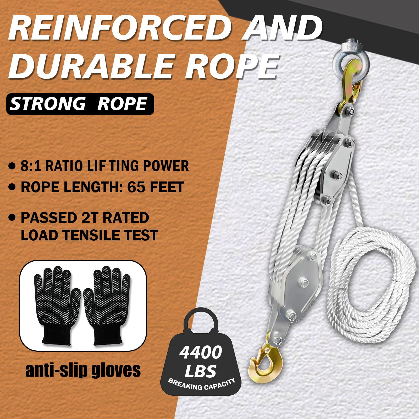 Snapklik.com : YATOINTO Rope Pulley Hoist 4400 LB, 8:1 Lifting Power ...