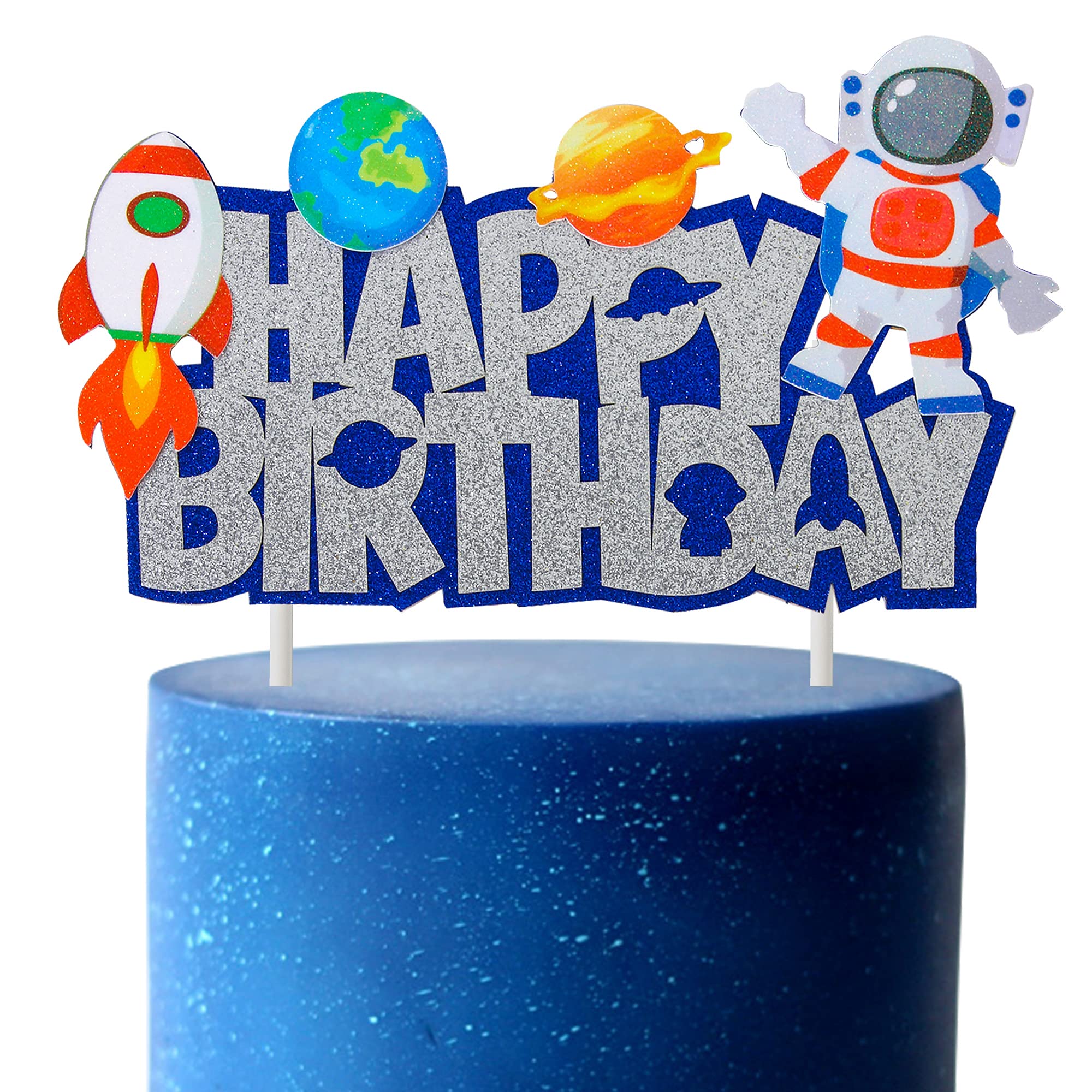Buy Space Theme Cake Topper Glitter Astronaut Rocket Planet Cake ...