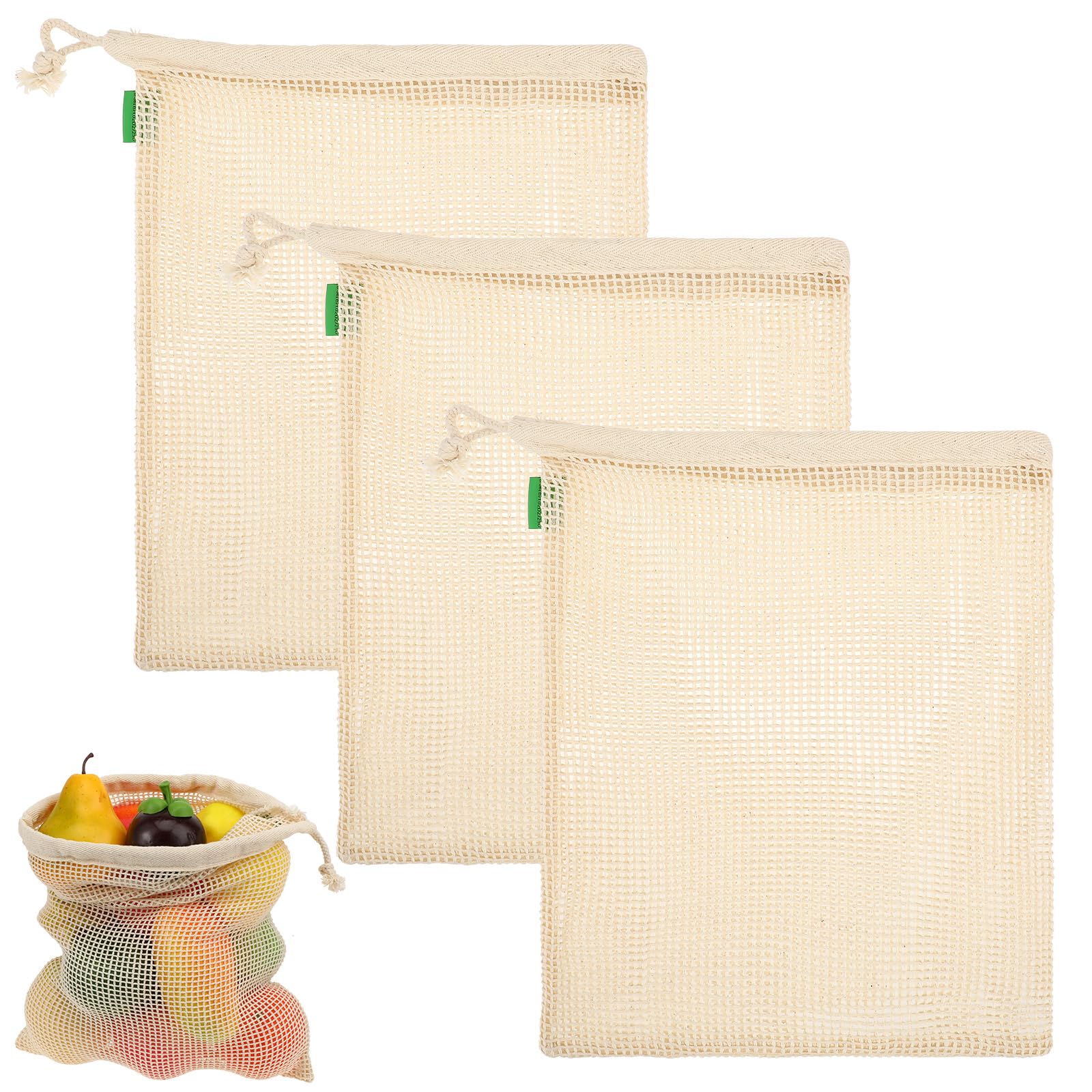 ZEYIYER 3 Pack Vegetable Bags Cotton Drawstring Bag, 35 x 28 cm Big ...