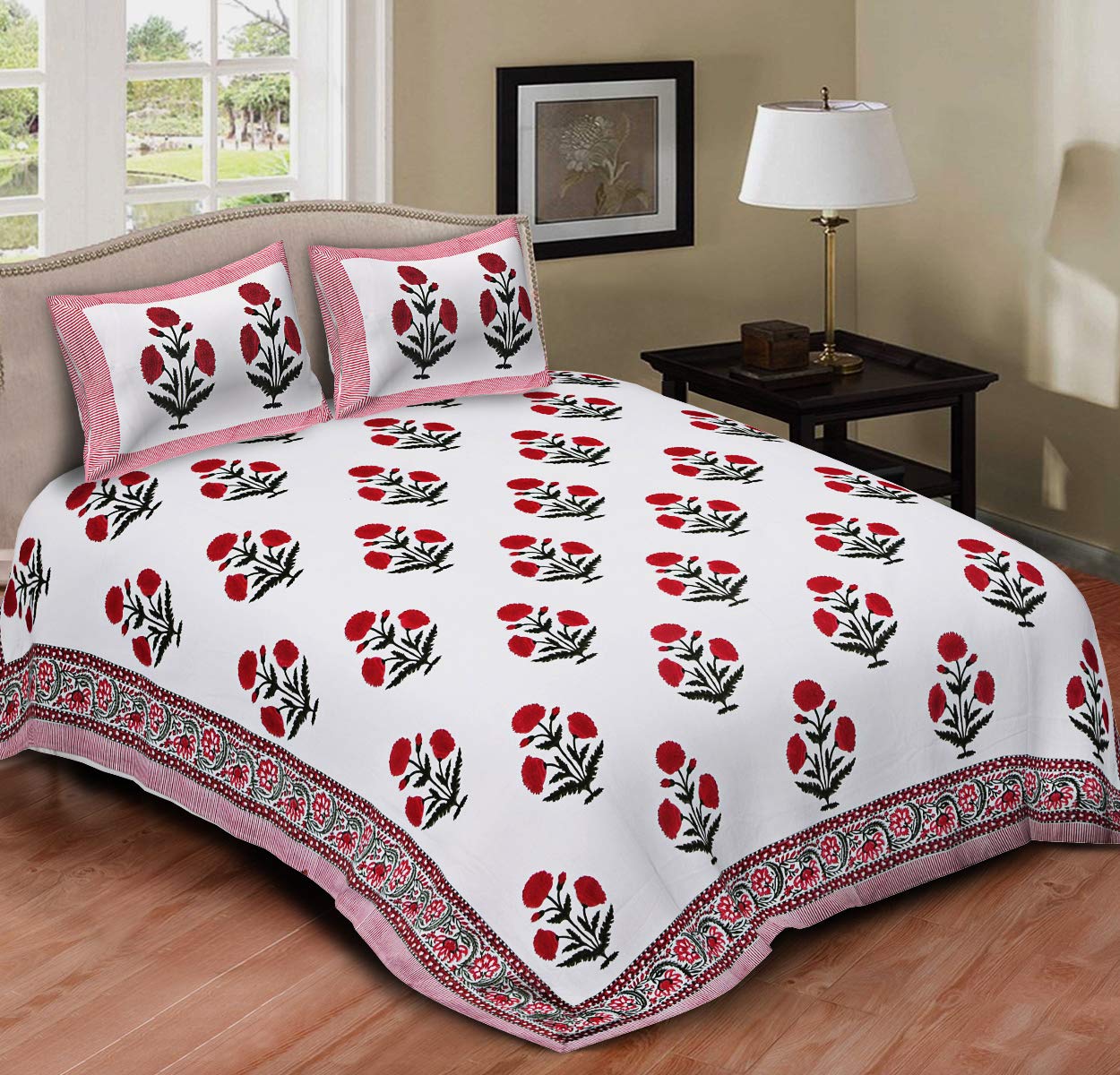 TRF Hand Block Printed Cotton Big Butta with Mehrab Border Double ...