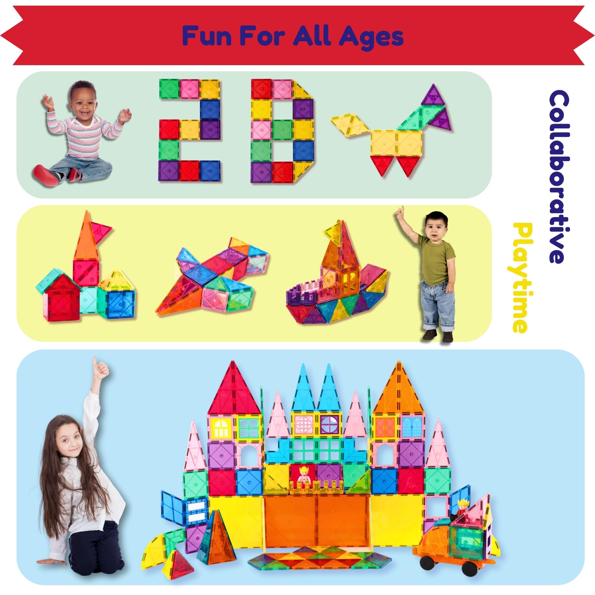 Magnetic Tiles 90 PCS Rainbow Castle Set , Montessori 3D Magnetic Blocks