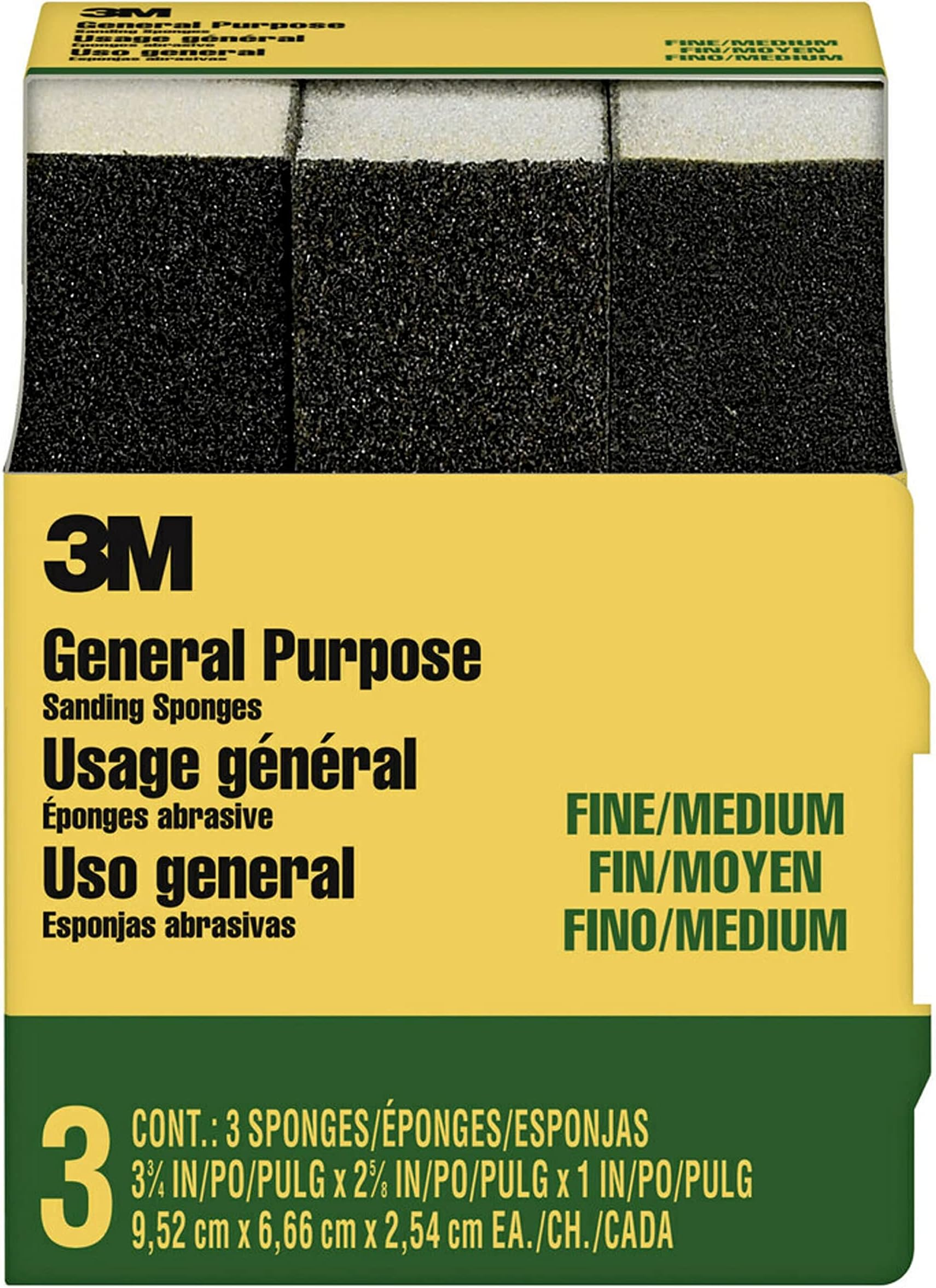 3M 908NA-3P-CC Sponge, Sanding, Fine/Medium, 3.75 2.625-Inch by 1-Inch ...