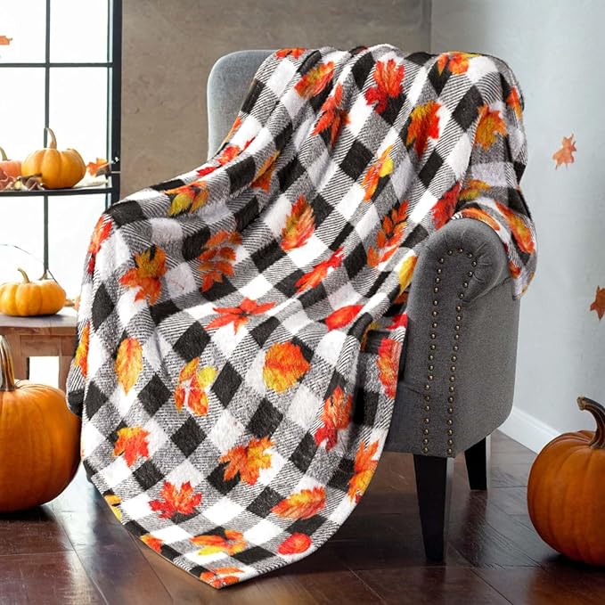 Amazon.com: Fall Throw Blanket Pumpkin Leaves Plaid Flannel Blanket for ...