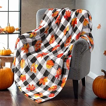 Amazon.com: Fall Throw Blanket Pumpkin Leaves Plaid Flannel Blanket for ...