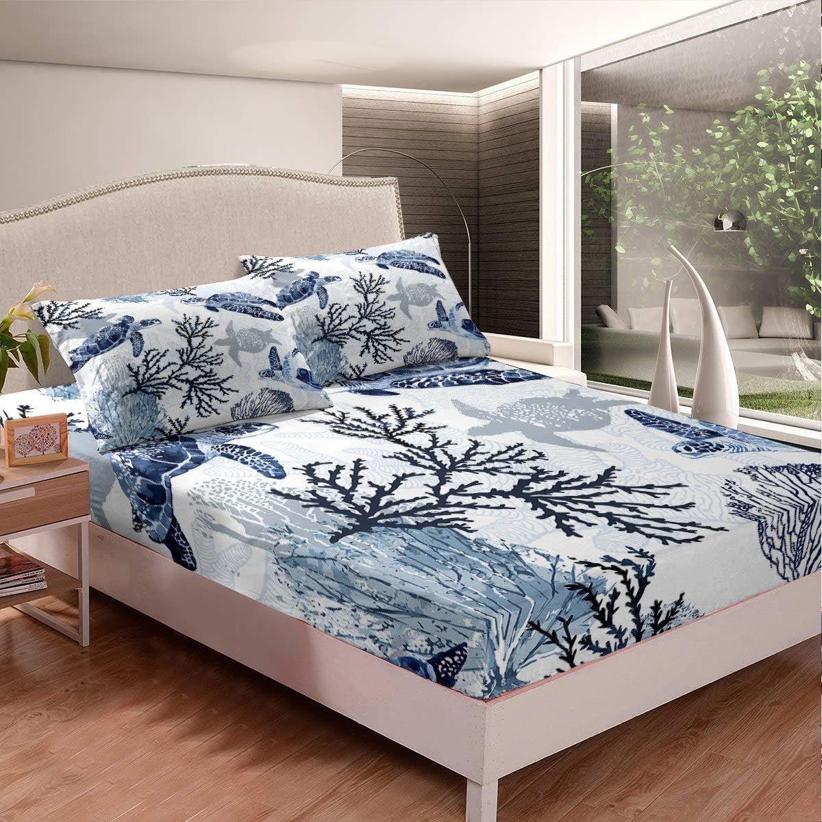 Amazon.com: Turtle Bedding Set Queen White Blue Sea Turtle Bed Sheet ...