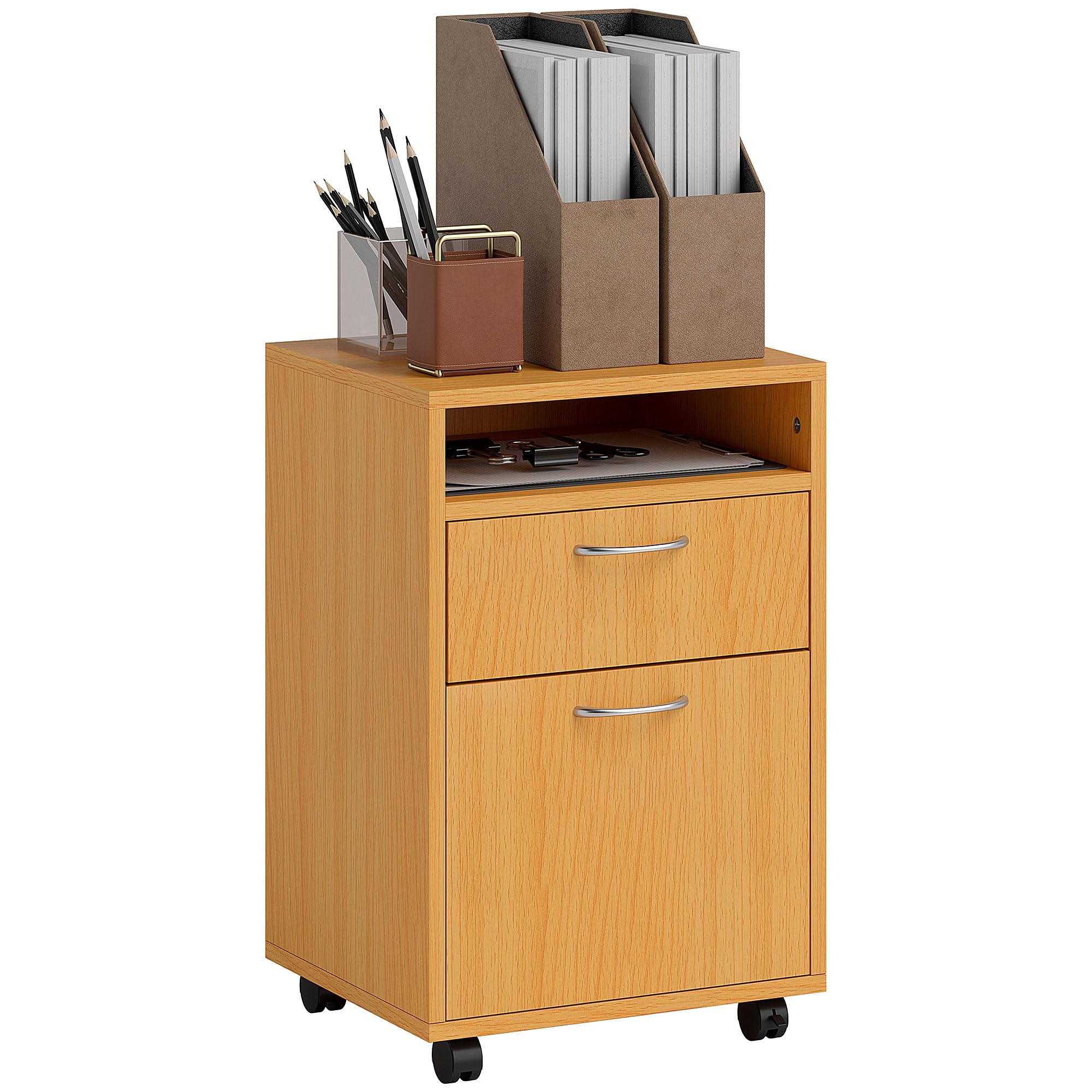 HOMCOM 60cm Filing Cabinet with Drawer, Open Shelf, Metal Handles and 4 ...