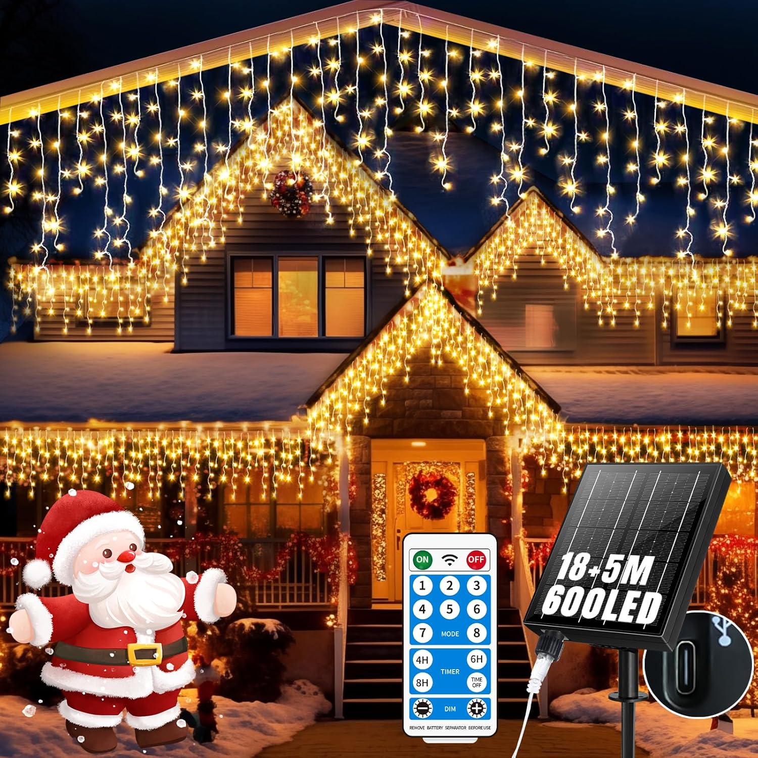 Solar Icicle Lights, 60+16Ft 600 LED Christmas Lights Outdoor ...