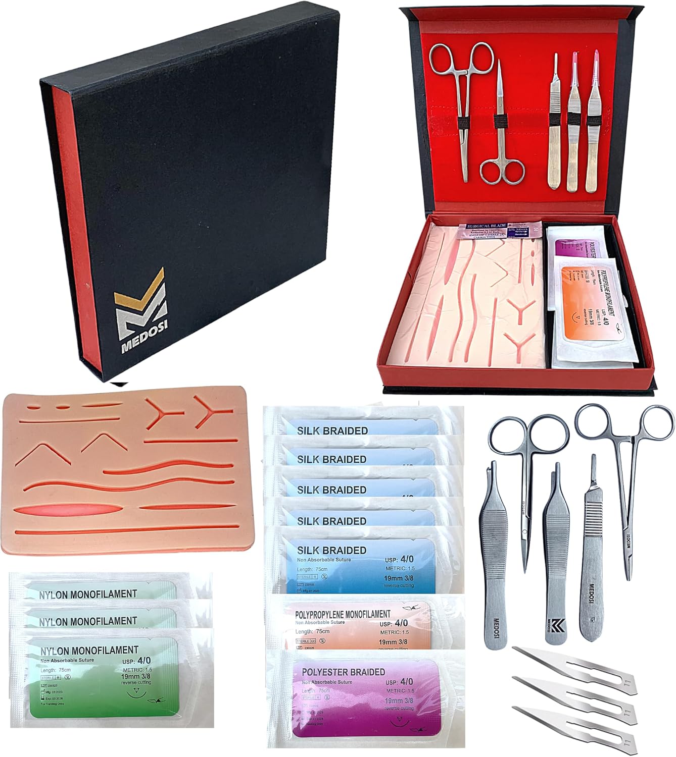 Complete Suture Practice Kit - Set of Forceps Surgical Tools Suture Pad ...