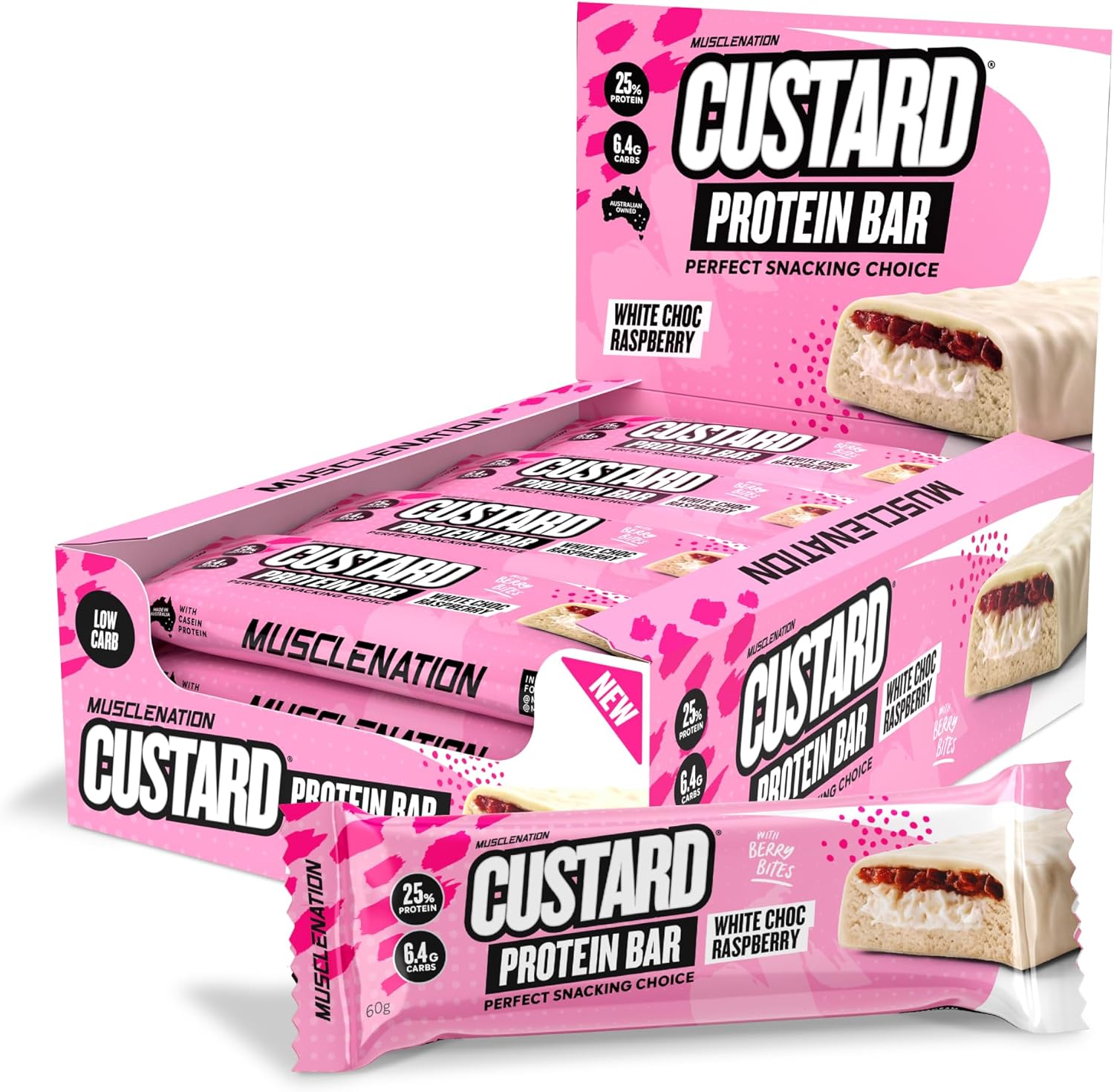 Muscle Nation White Choc Raspberry Custard Protein Bars 12 x 60g ...