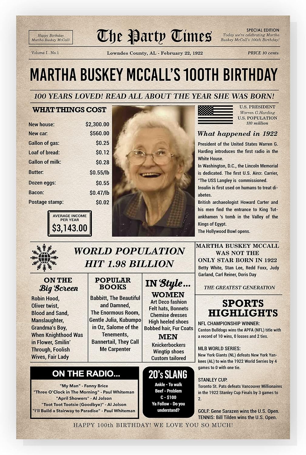 Amazon.com: Back In 1922 Birthday Poster With Name And Photo ...