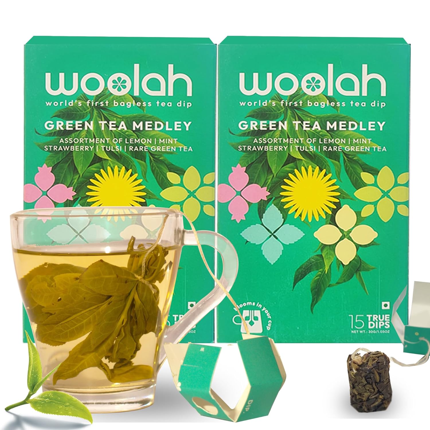 Woolah Green Tea Assortment pack, Organic BAGLESS Tea Dip (2 Packs = 30 ...