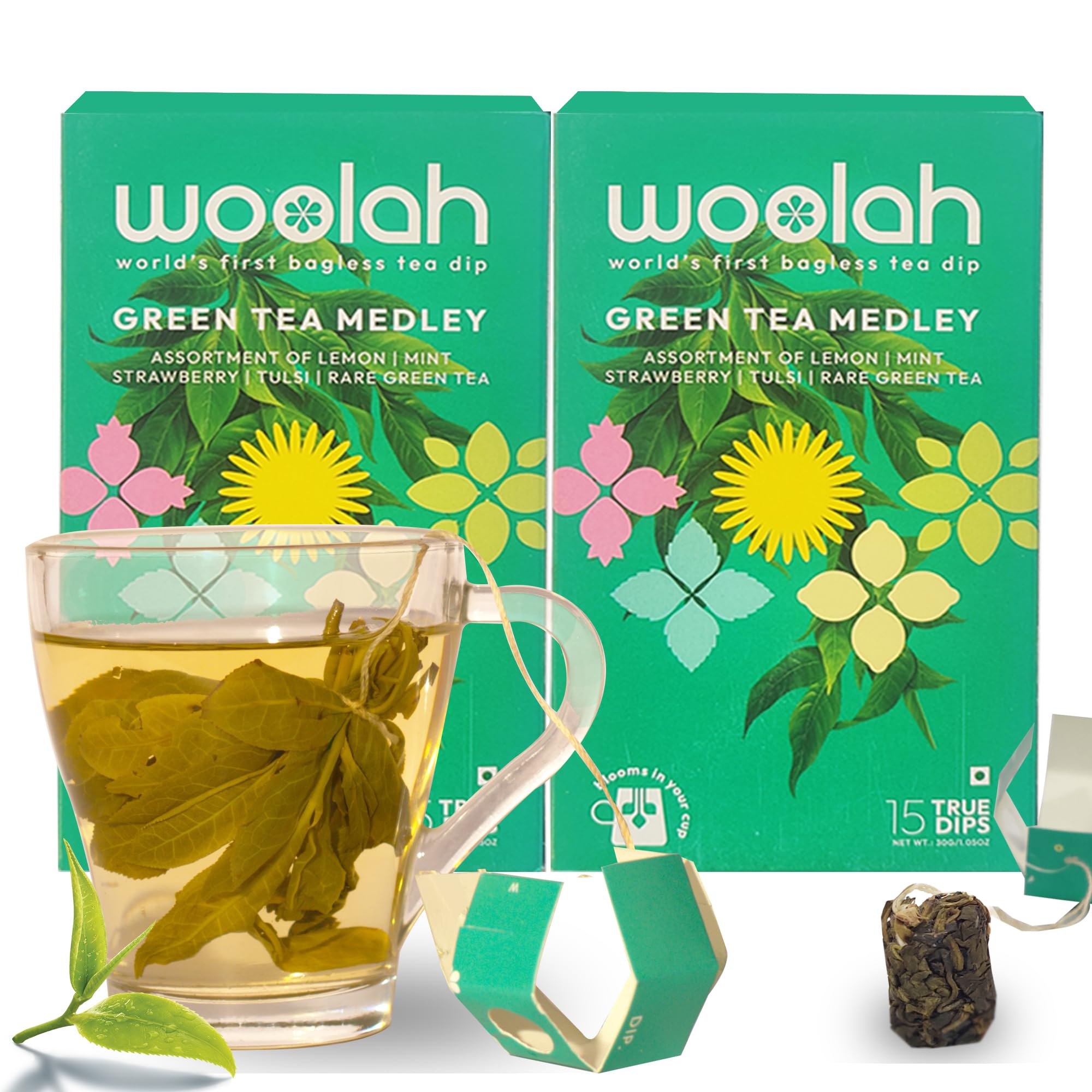 Woolah Green Tea Assortment pack, Organic BAGLESS Tea Dip (2 Packs = 30 ...