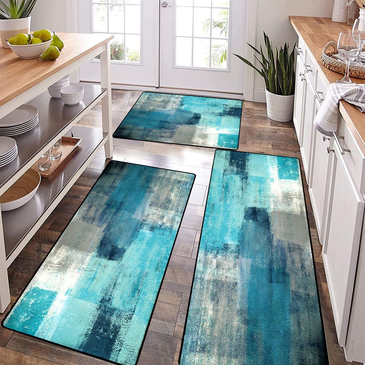 Amazon.com: TOMWISH Kitchen Mat Turquoise Kitchen Rugs Sets 3PCS Grey ...