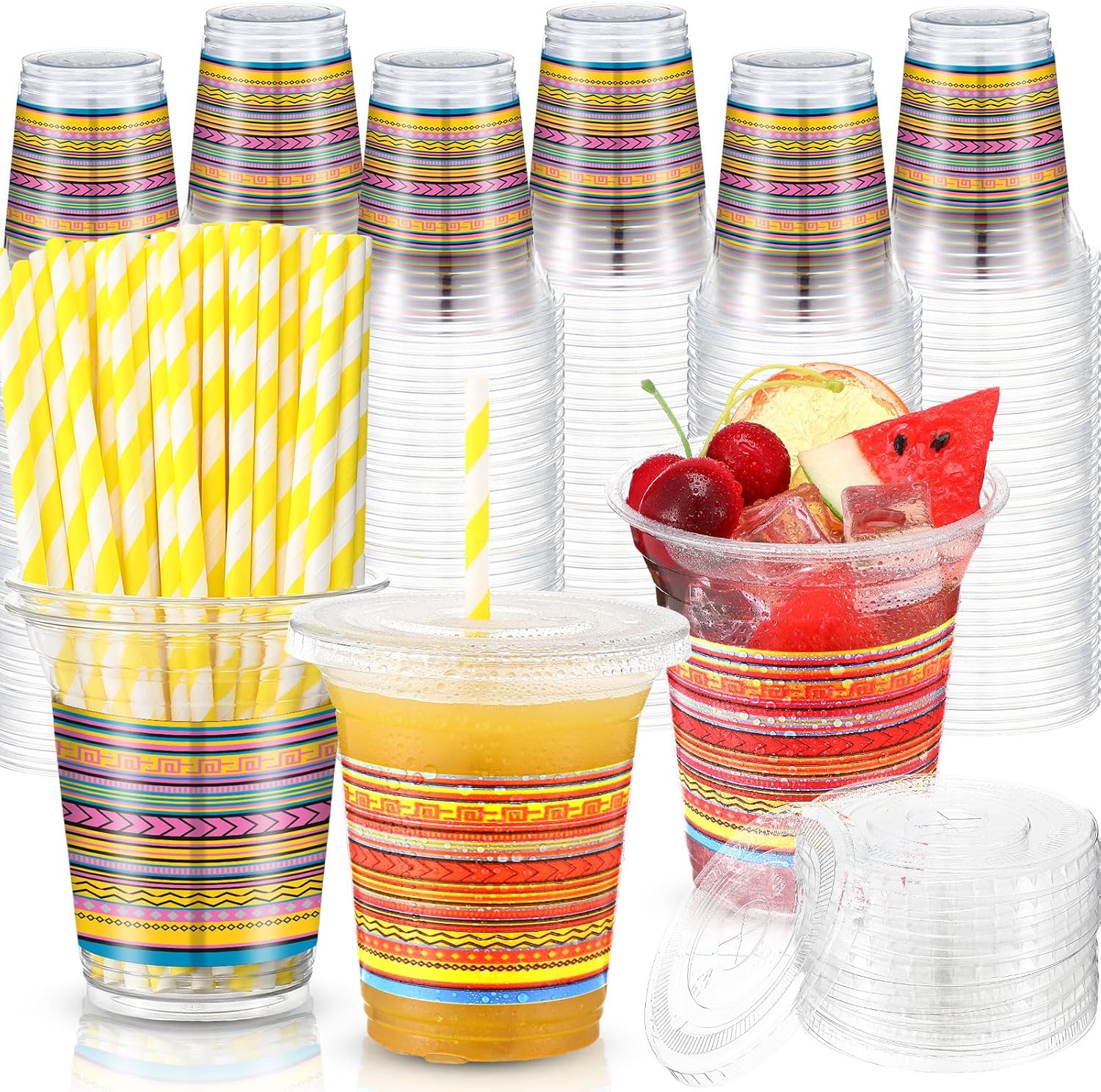 Amazon.com: Jingmore 100 Pack 12 oz Fiesta Plastic Cups with Lids and ...