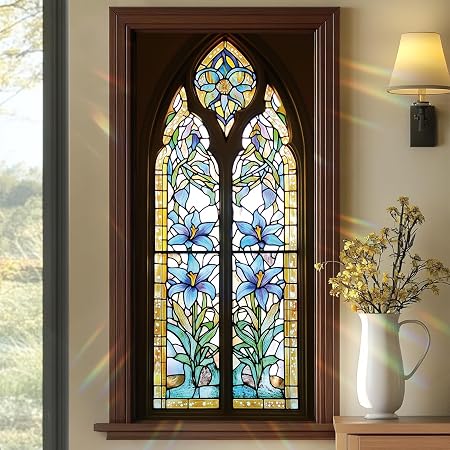SHENGYUMY Blue Iris Stained Glass Window Film 17.7 x 39.3 Inch Gothic ...