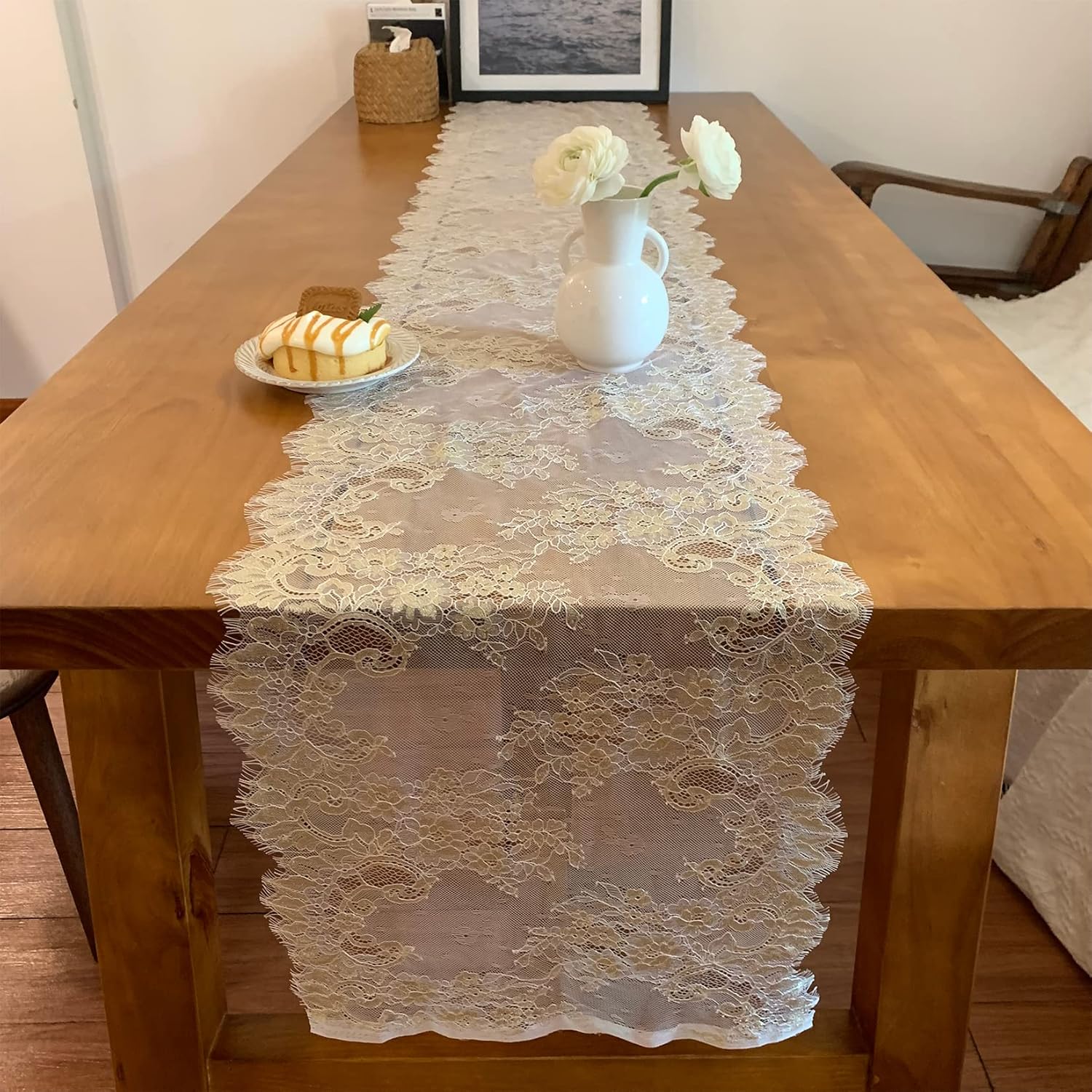 Amazon.com: Lace Table Runner 120 Inches Long White Gold Table Runner ...