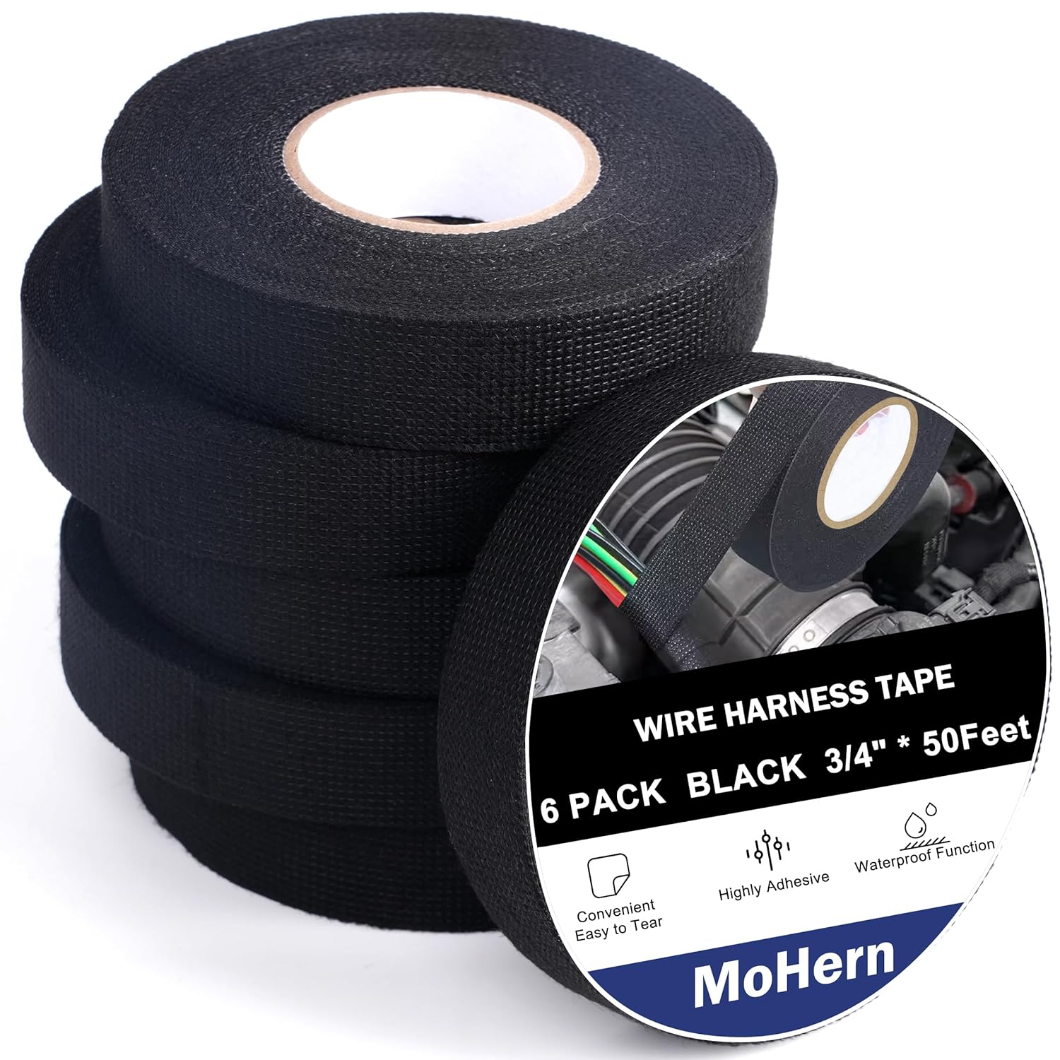 MoHern 6 Rolls Wire Harness Tape, 3/4 Inch x 50 Feet High Temp Cloth ...