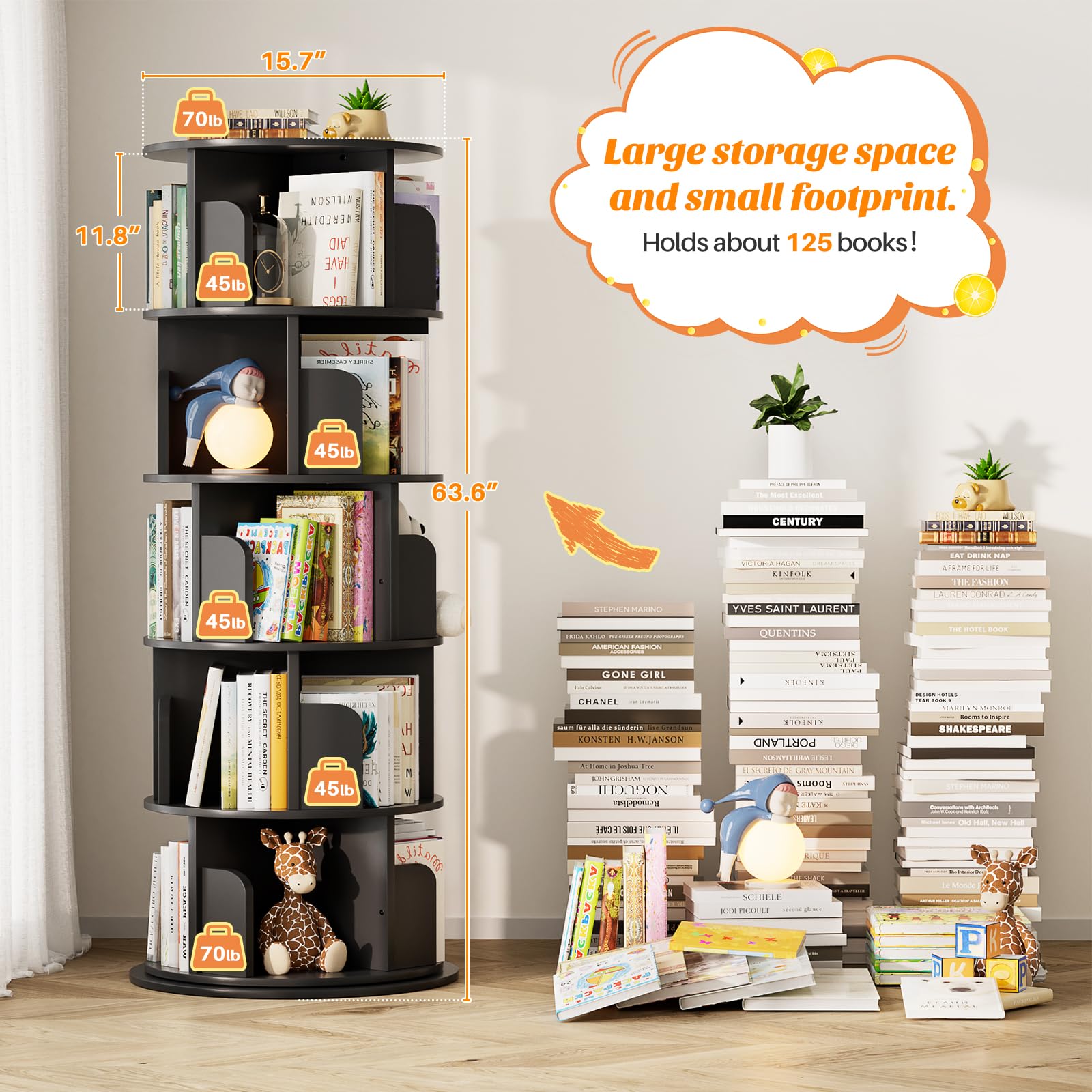 Snapklik.com : 5 Tier Rotating Bookshelf, Wood Spinning Bookshelf Tower ...