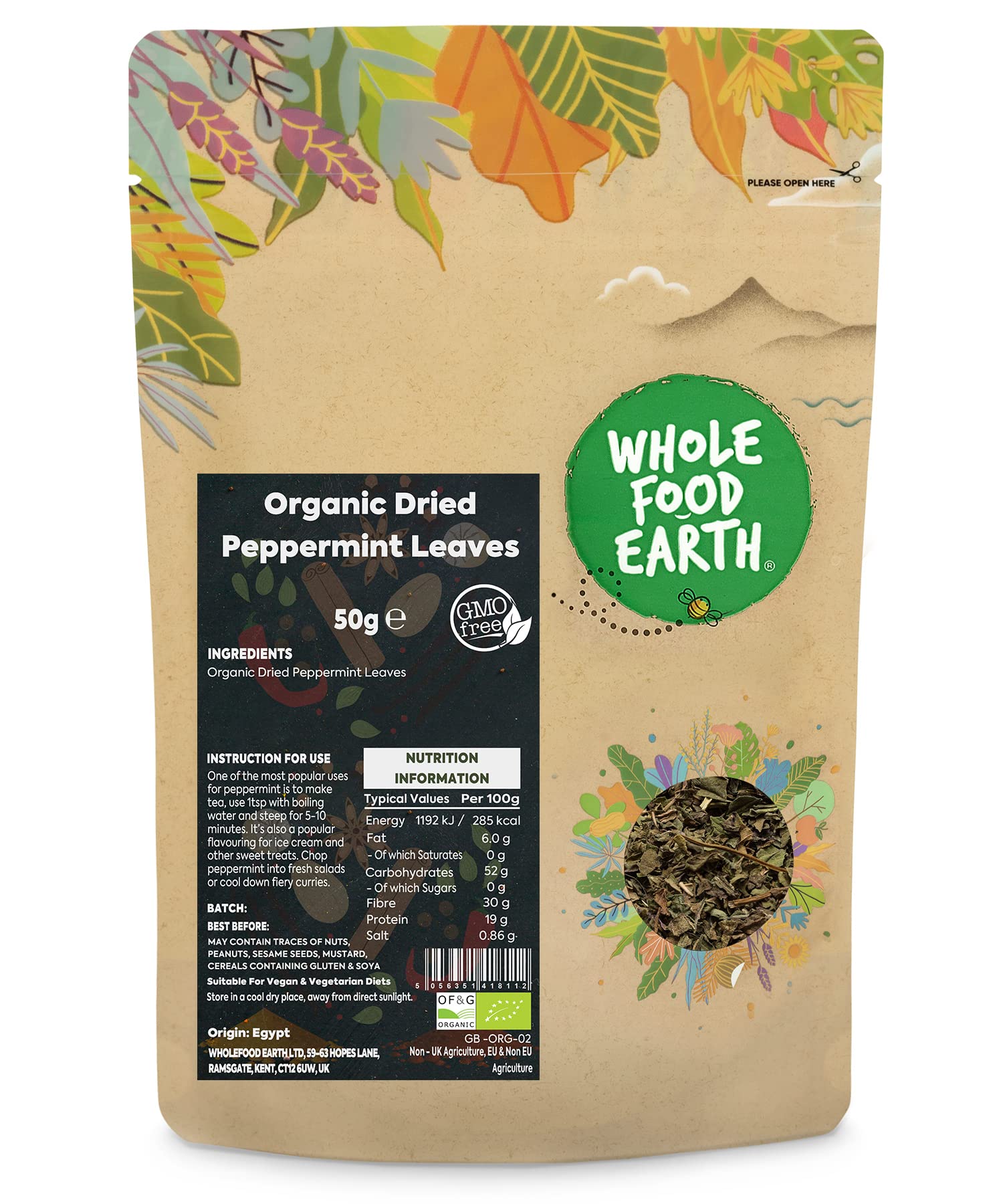 Wholefood Earth Organic Dried Peppermint Leaves 50 g | GMO Free ...