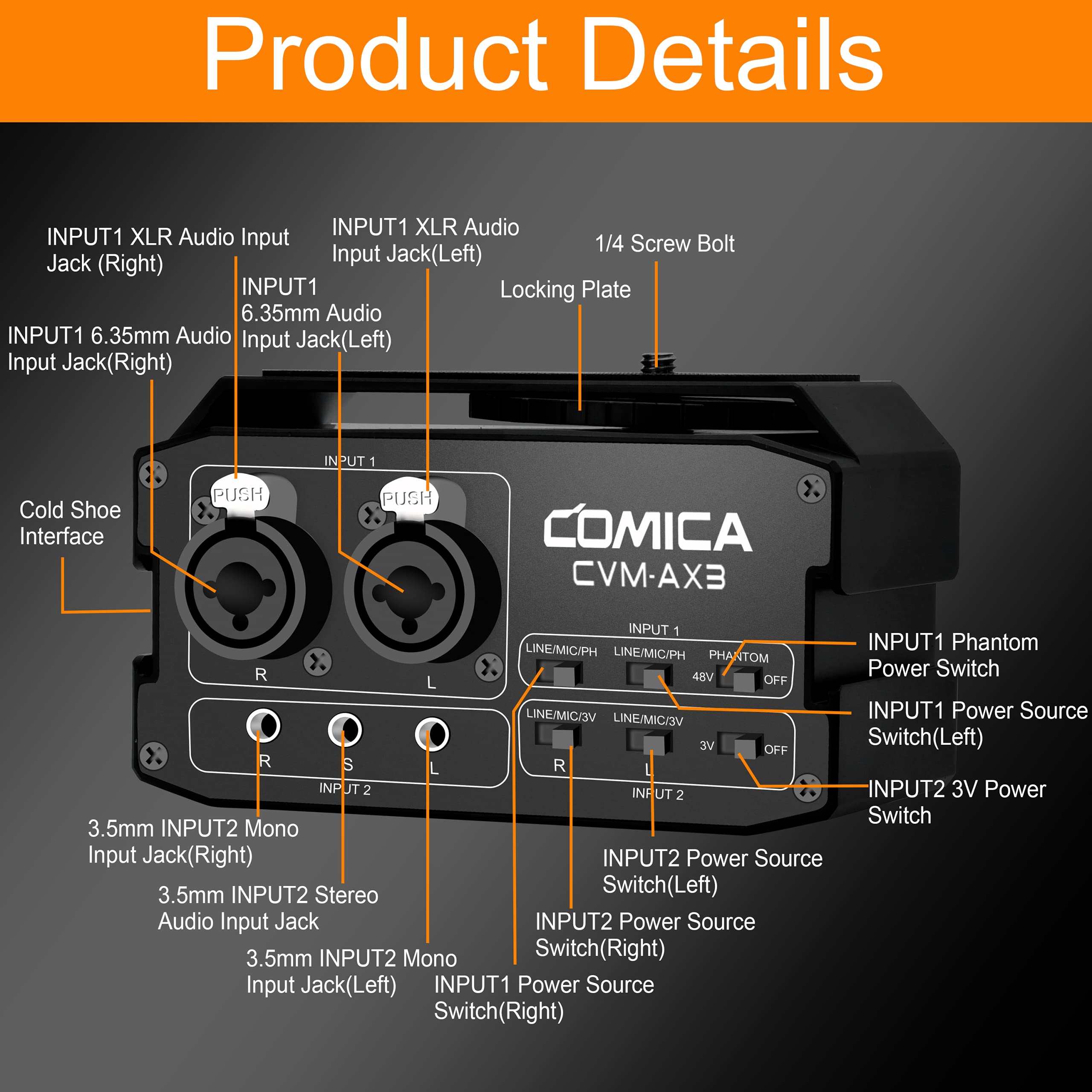 Mic Cannon Comica Ax3 Xlr Audio Mixer Adapter Preamplifier Dual Xlr/3 ...