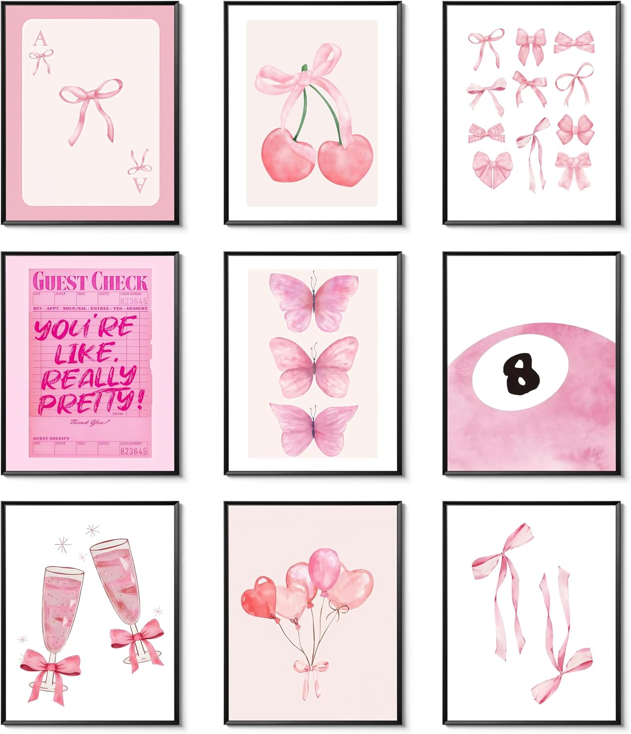 Amazon.com: Pink Bow Posters Wall Art Set of 9, Trendy Girly Coquette ...