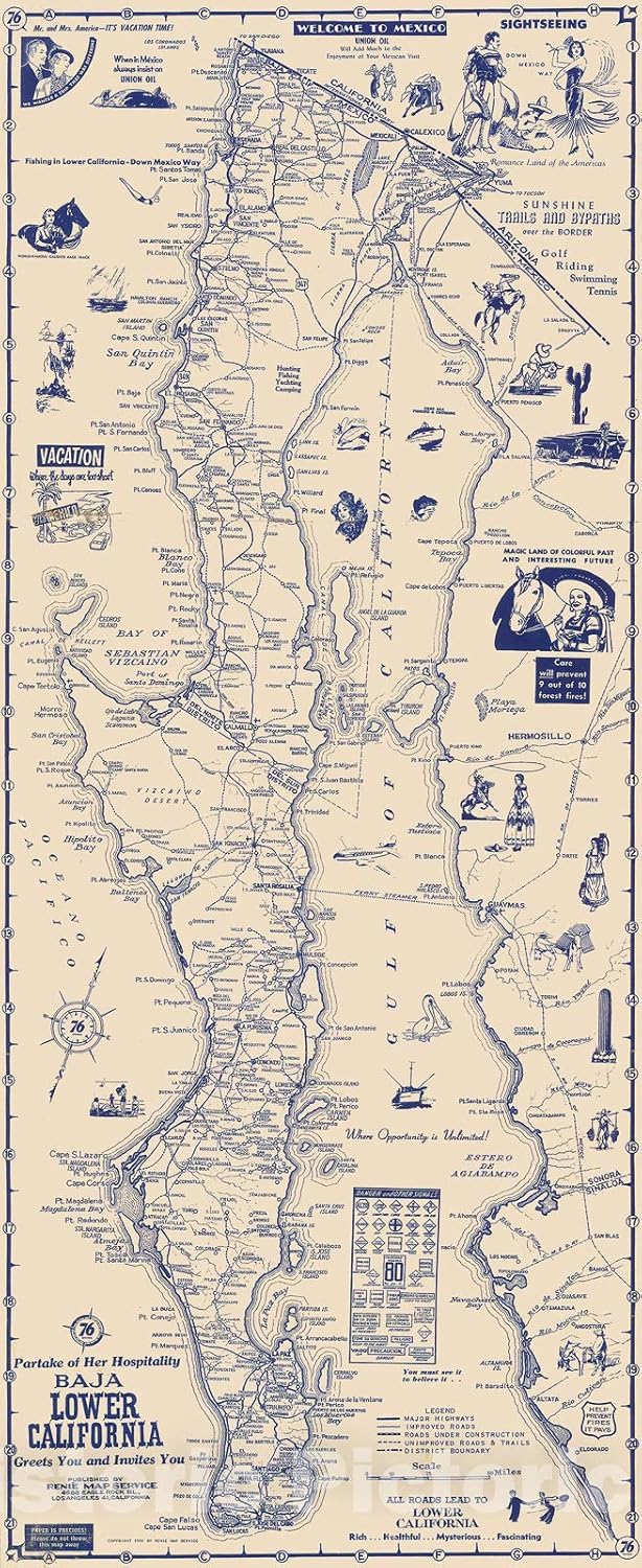 Amazon.com: Historic Map - Baja Lower California, 1951, Jack J. Renie ...